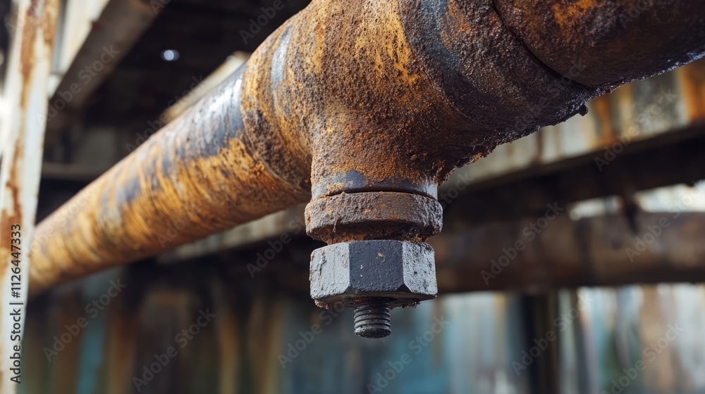 Corroded steel column support with rusty pipes highlighting structural ...