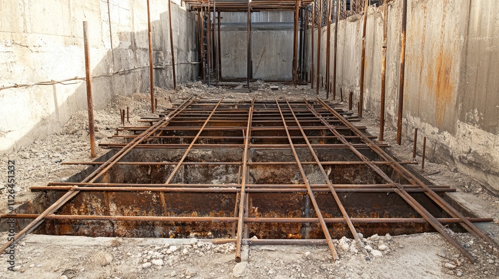 Iron scaffolding framework in construction site with exposed foundation ...