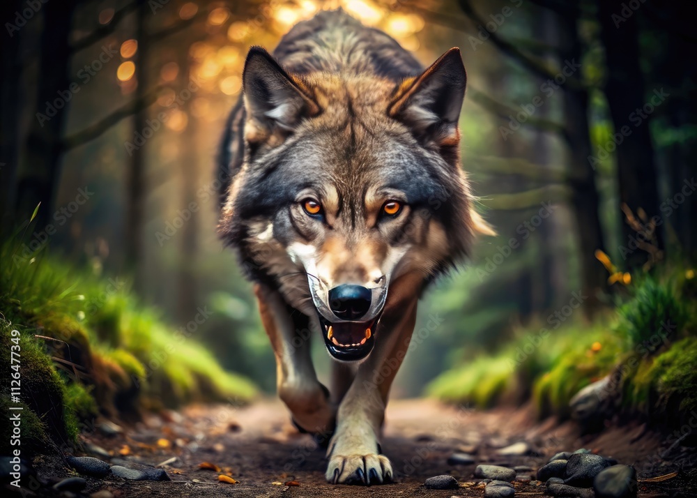 4K wallpaper: Furious lone wolf, eyes blazing, attacks on a forest path. Stock Illustration ...