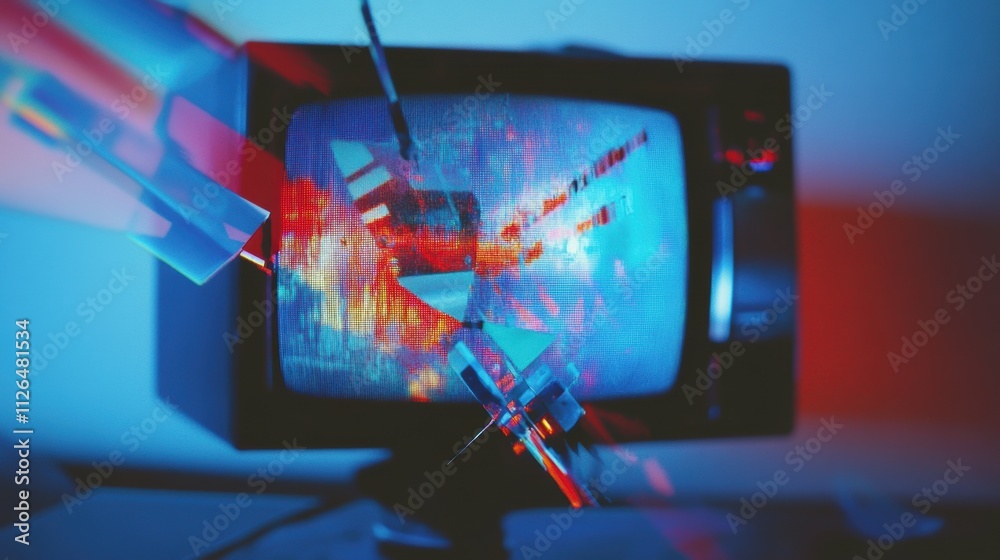 Retro CRT television with glitch effects, displaying vibrant static ...