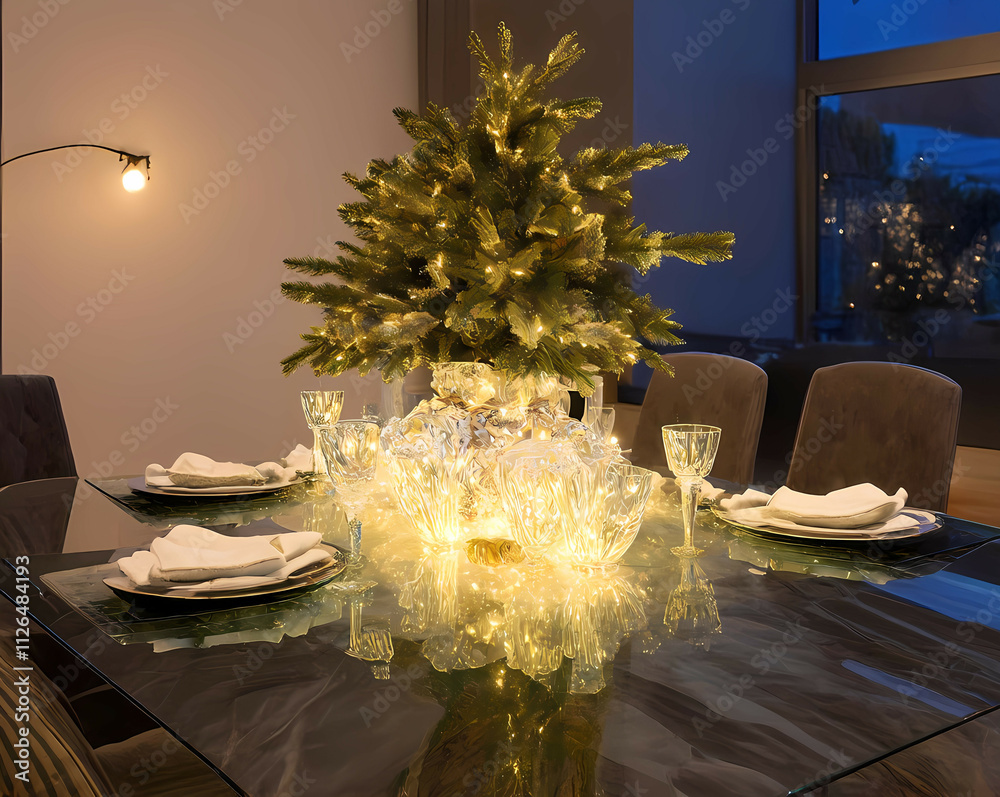 Ultra-modern dining room with LED-lit Christmas table setting, glass ...