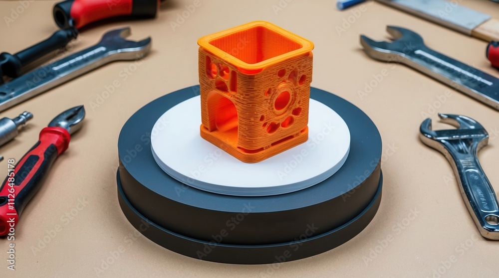 A 3D-printed orange cube is elegantly displayed on a rotating platform ...