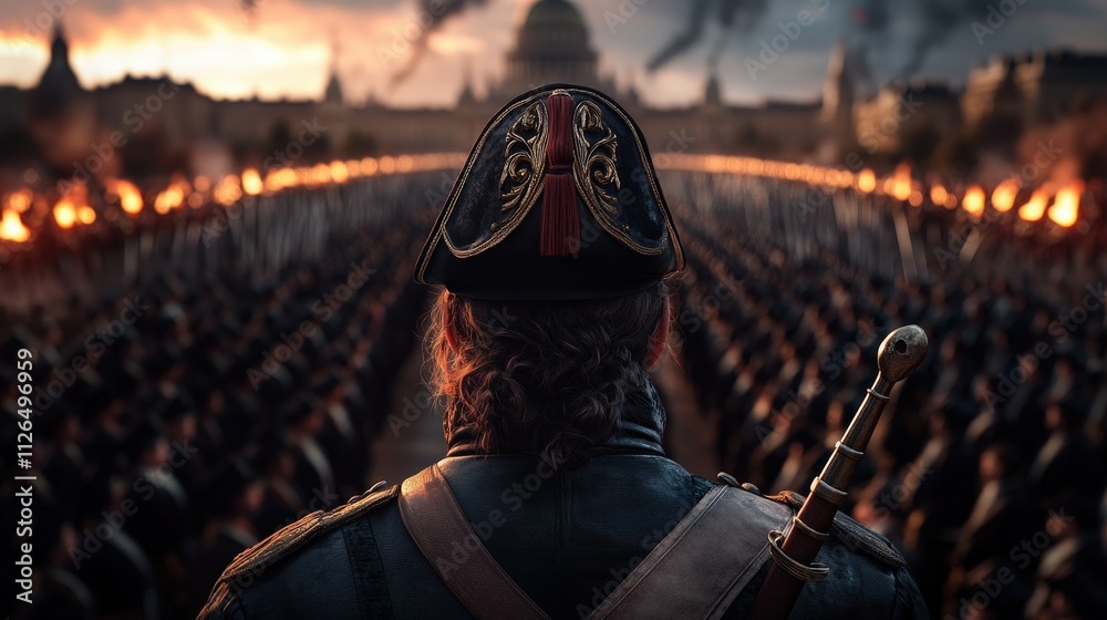 A powerful image depicting a historical military commander observing a ...