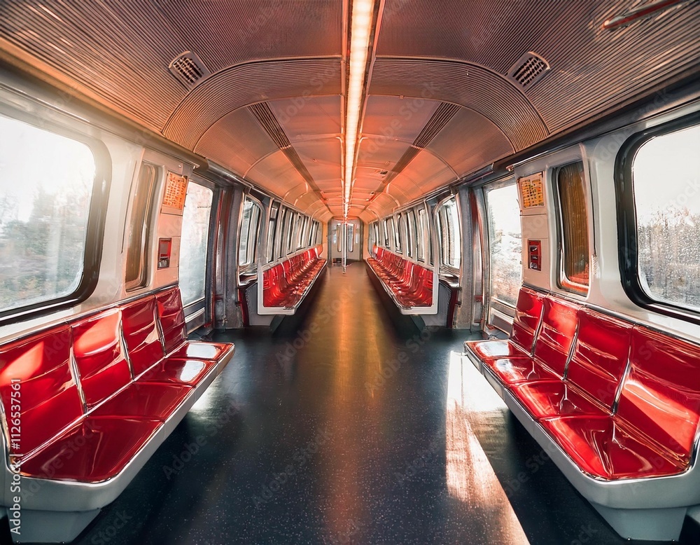 vibrant view of empty subway train interior showcasing red seats and ...