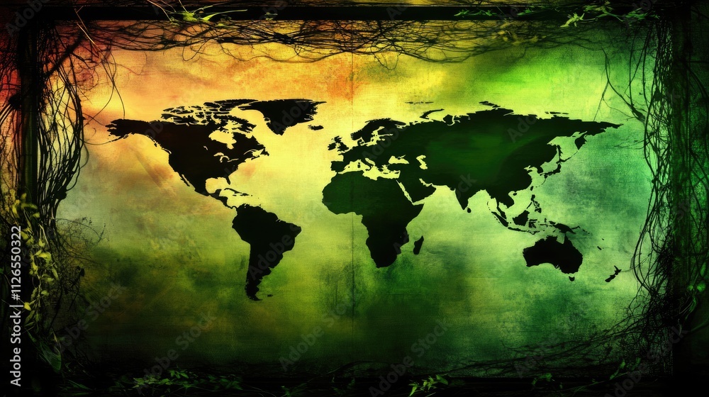 A vibrant world map bordered by greenery, blending geography and nature ...