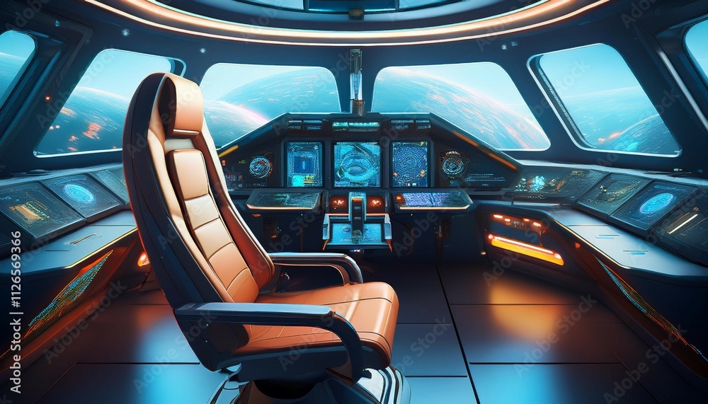futuristic sci fi captain s chair in a starship cockpit with glowing ...