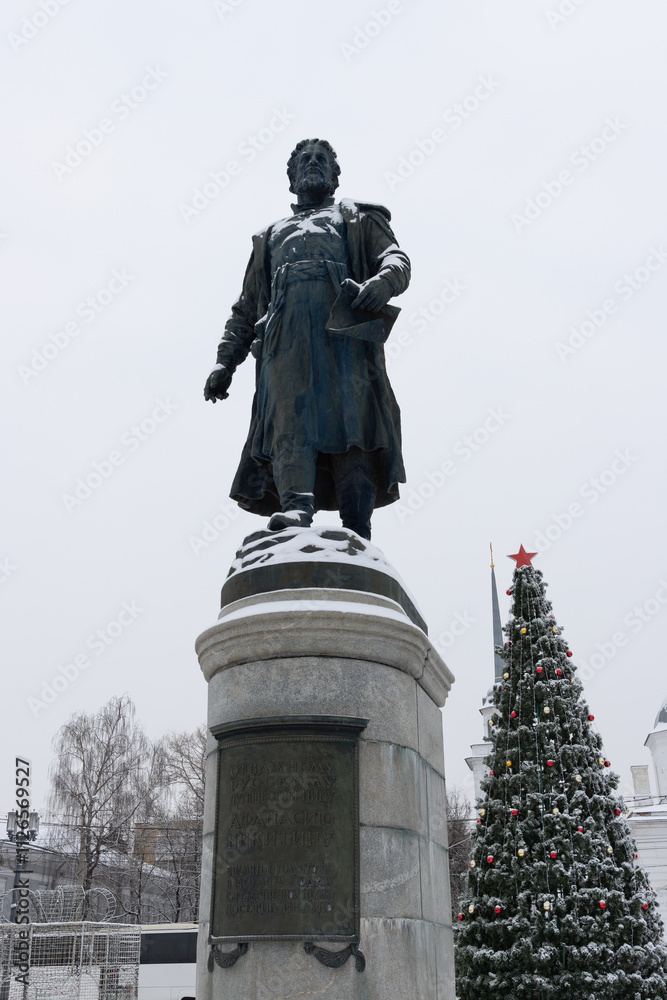 Monument to Afanasy Nikitin, Tver, Tver region, Russia - January 6, 2024. Text on the pedestal ...