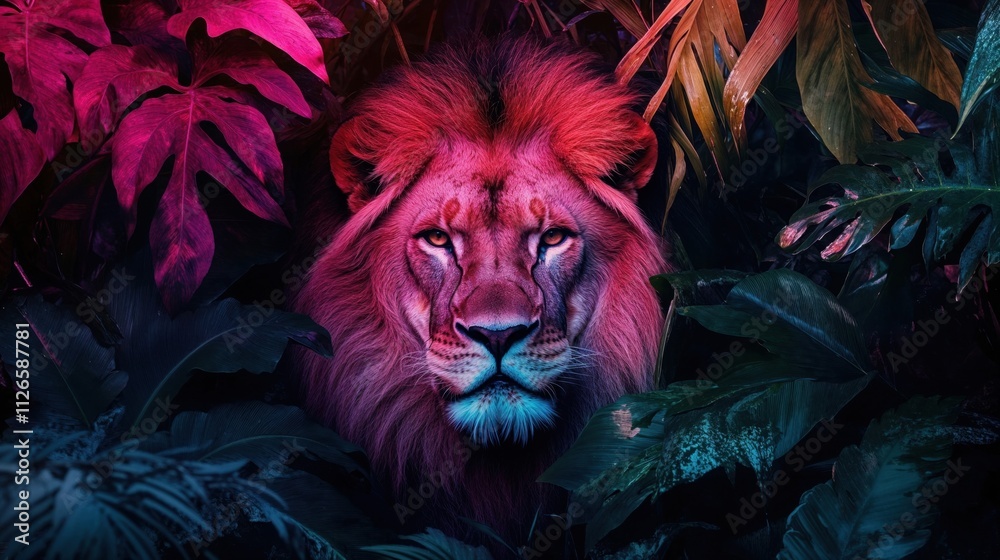 Surreal portrait of majestic lion with neon pink and blue coloring ...