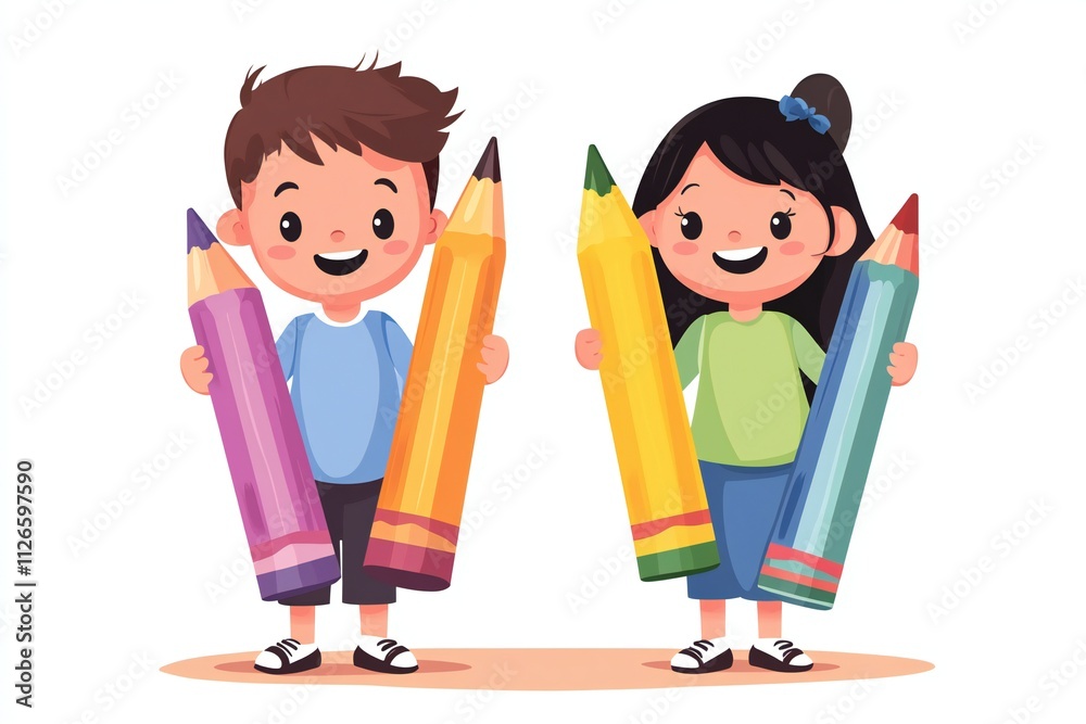 Cheerful cartoon Children holding giant crayons ready to draw on wall ...