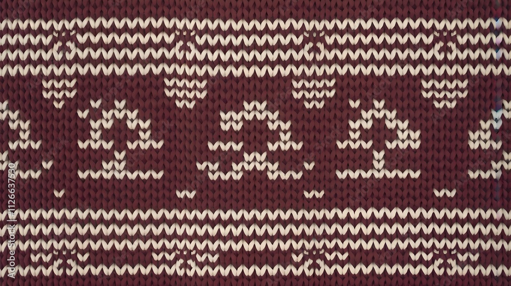 Knitted fabric texture featuring festive patterns in maroon and white ...