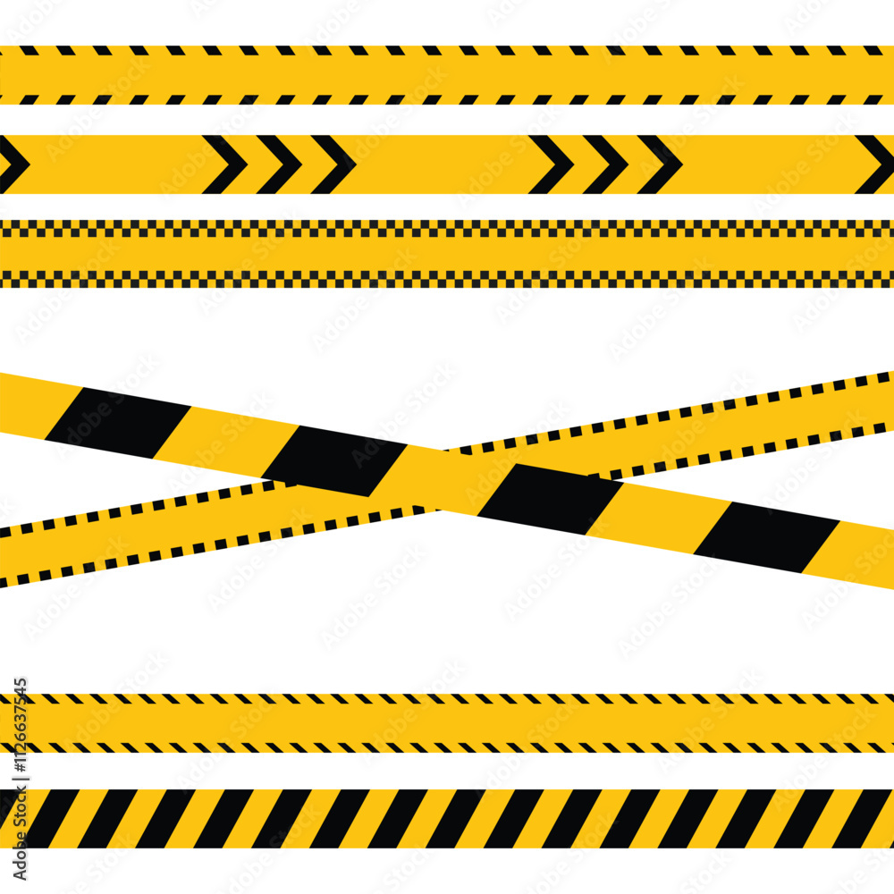 Seven different types of warning tapes with attention black and yellow ...