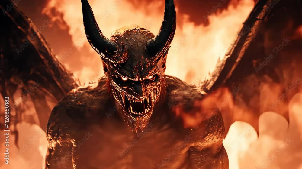 Evil demon with horns, sharp teeth, wings looks at camera burns in hell ...