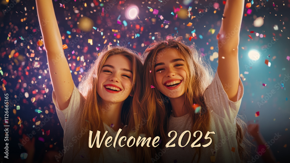 Welcome 2025 Party Banner with Two Young Women Enjoy Colorful Confetti ...