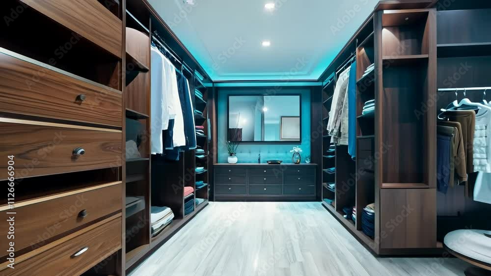 A modern wardrobe with sleek wooden shelves and drawers is highlighted ...