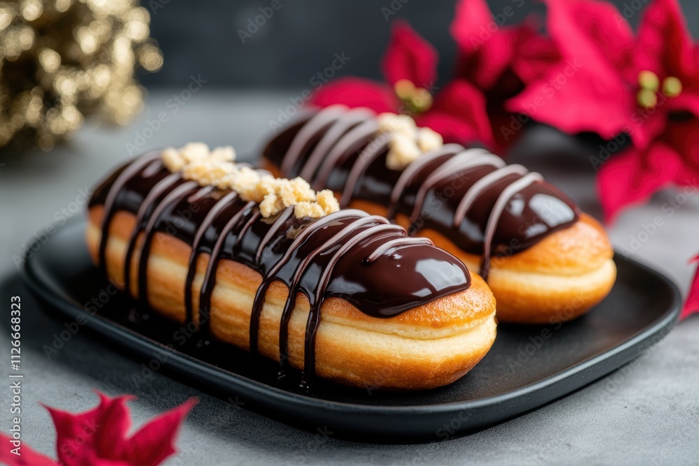 food photography, delicious eclairs topped with chocolate, arranged on ...