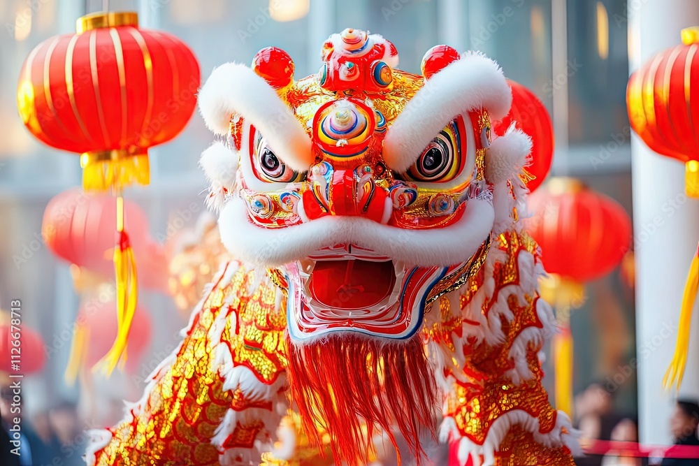 A dragon parade celebrating the Lunar New Year in an urban setting ...