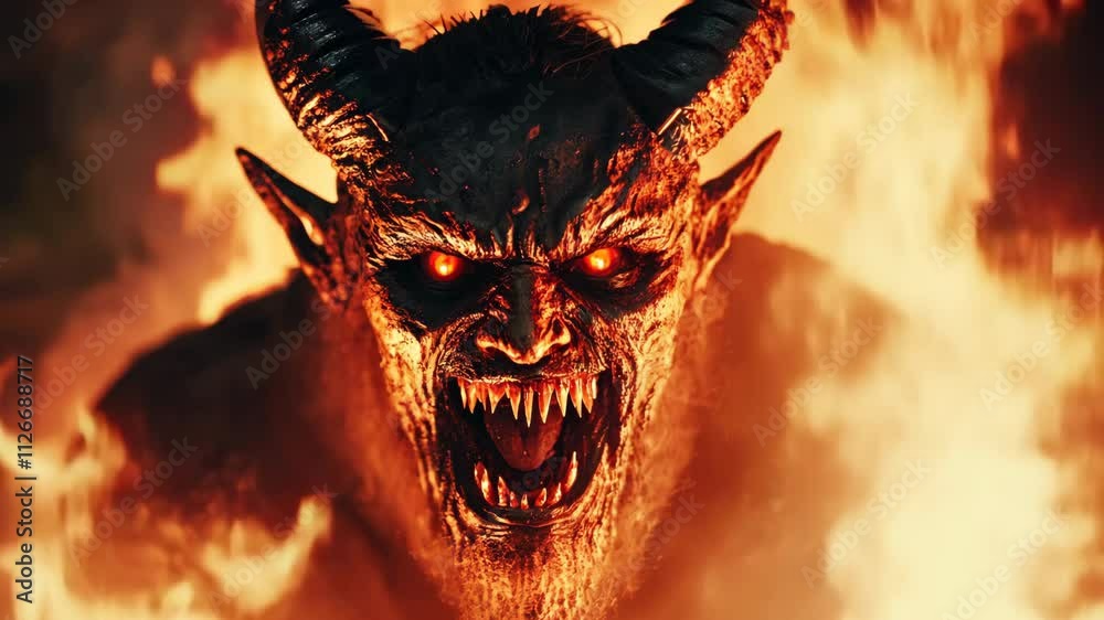 Evil demon with horns scream. Red fire flames around. Hell background ...