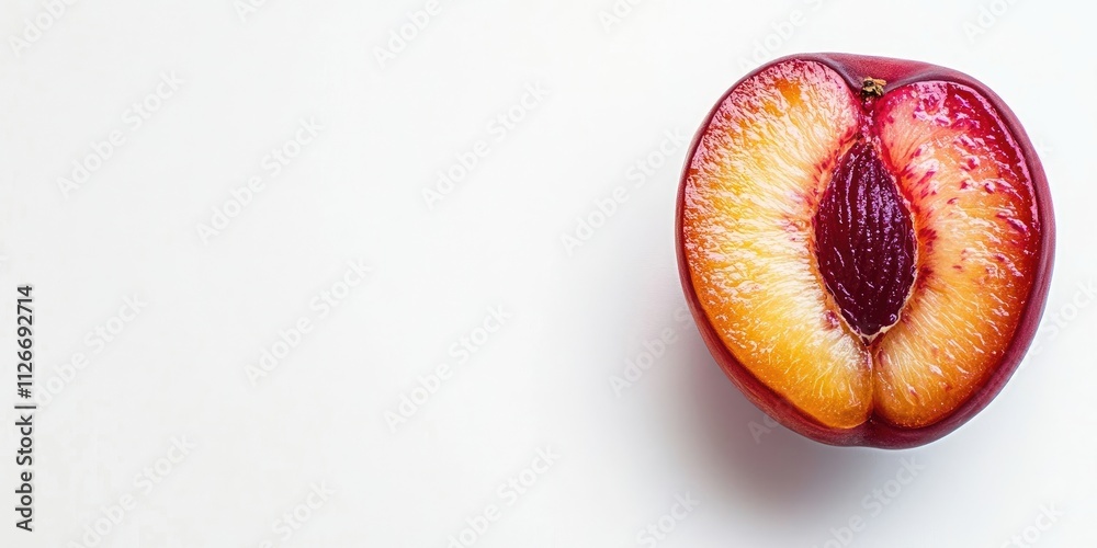 Half a nectarine displayed against a white background, showcasing the ...