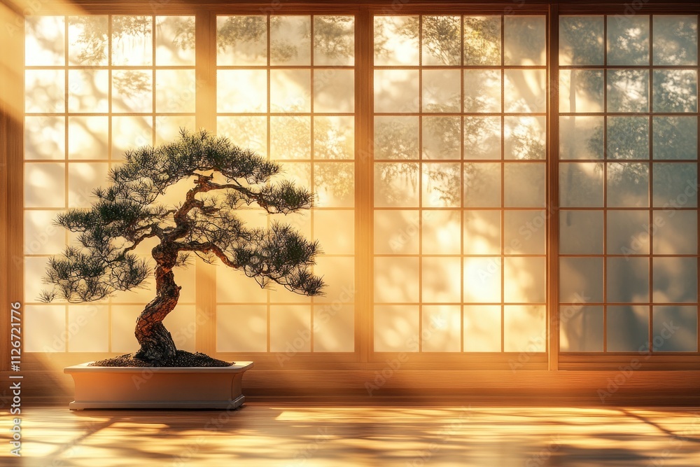 Bonsai tree casting shadows in a japanese room with sunlight streaming ...