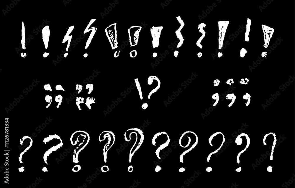 Set of exclamation question and quotation marks symbols. White crayon ...