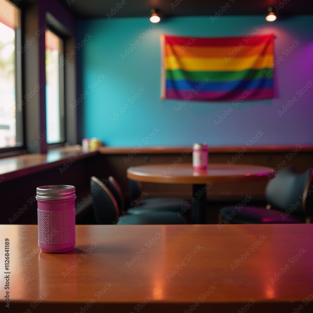 A Miami-style bar serves as an exuberant backdrop with colorful rainbow ...