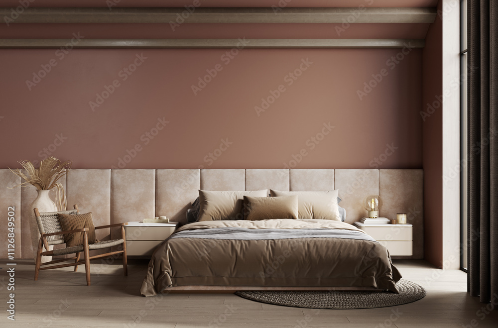 Bedroom in pastel tone Mocha Mousse color trend 2025 year panton ...