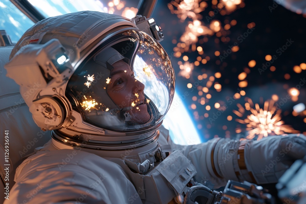 An awe-inspiring scene of an astronaut enjoying stunning fireworks in ...
