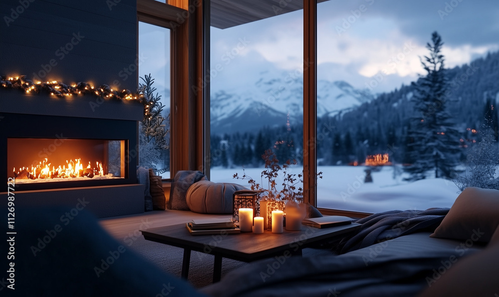 Cozy living room of a winter cabin with a lit fireplace warm throw ...