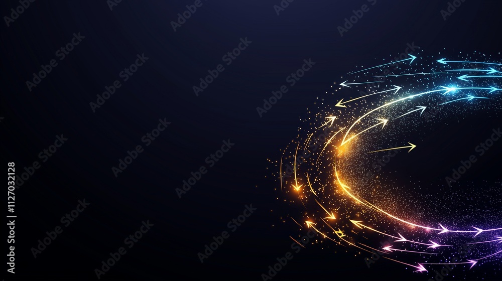 A dynamic infographic-style illustration with circular glowing arrows ...