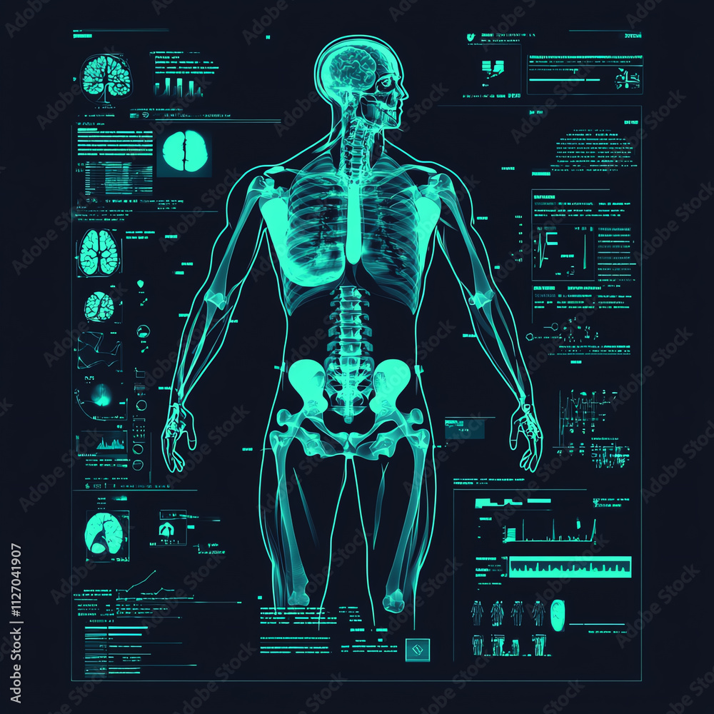 Futuristic human x ray with health metrics and data visualization ...