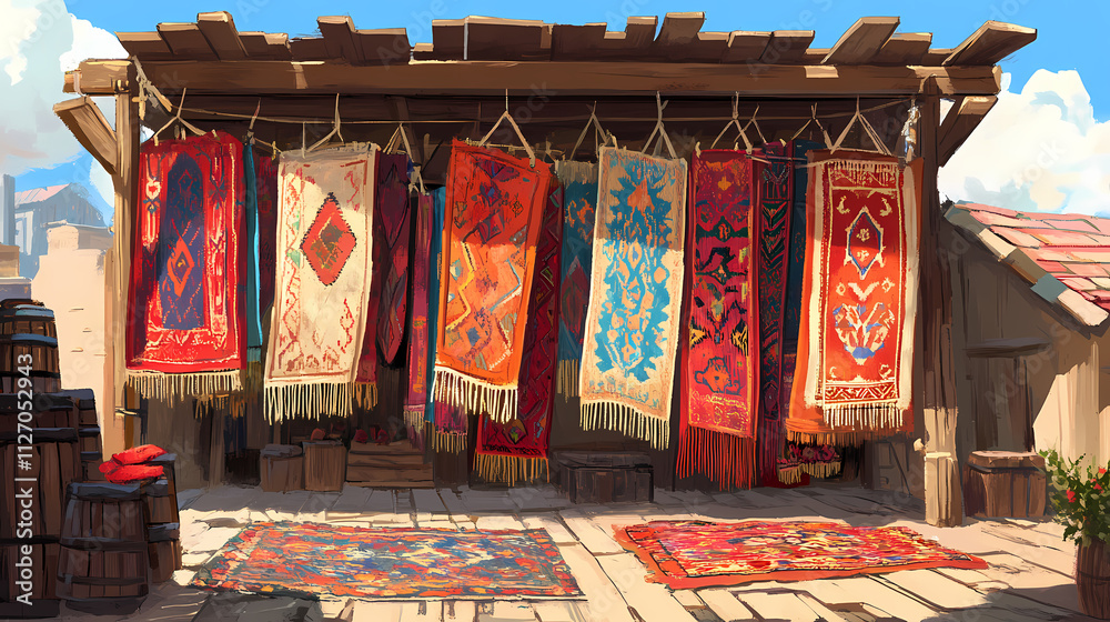 Photo & Art Print A whimsical outdoor market stall with a cascade of ...