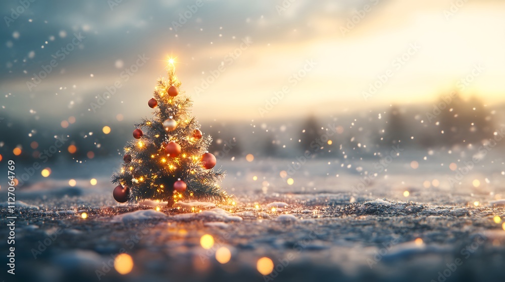 High perspective view of a tiny Christmas tree with soft, glowing ...