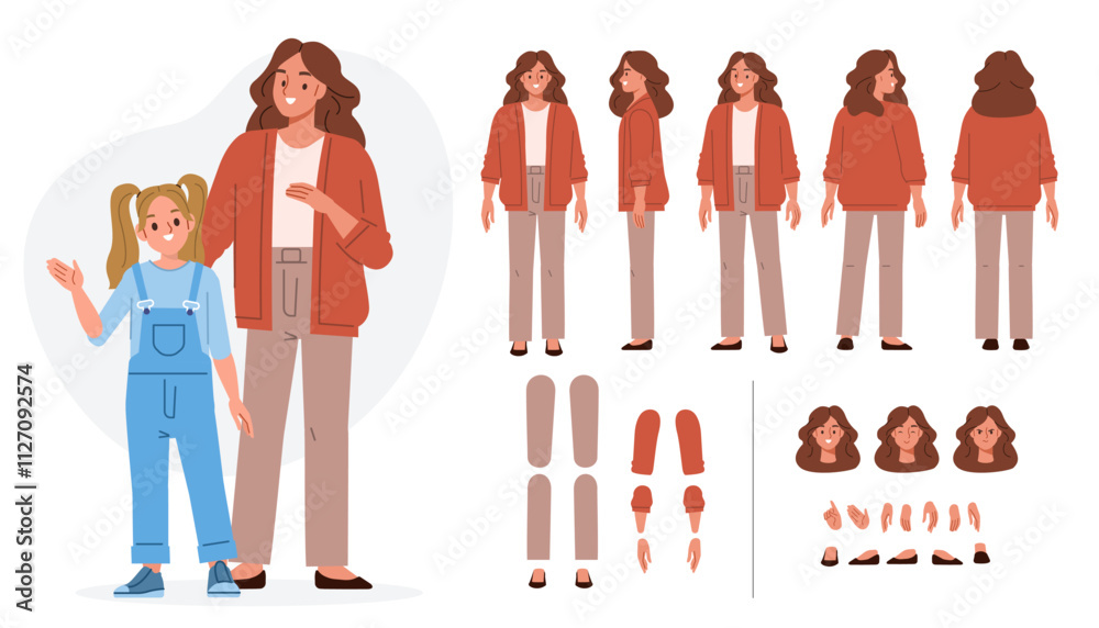 Mother with daughter characters. Constructor for animation. Front, side ...