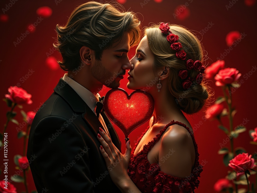 Elegant couple kissing behind red glittering heart and roses Stock ...