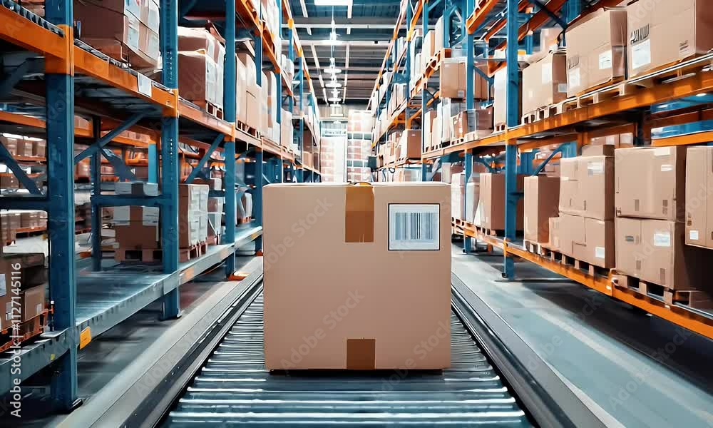 A conveyor belt transporting a cardboard box in a warehouse filled with ...