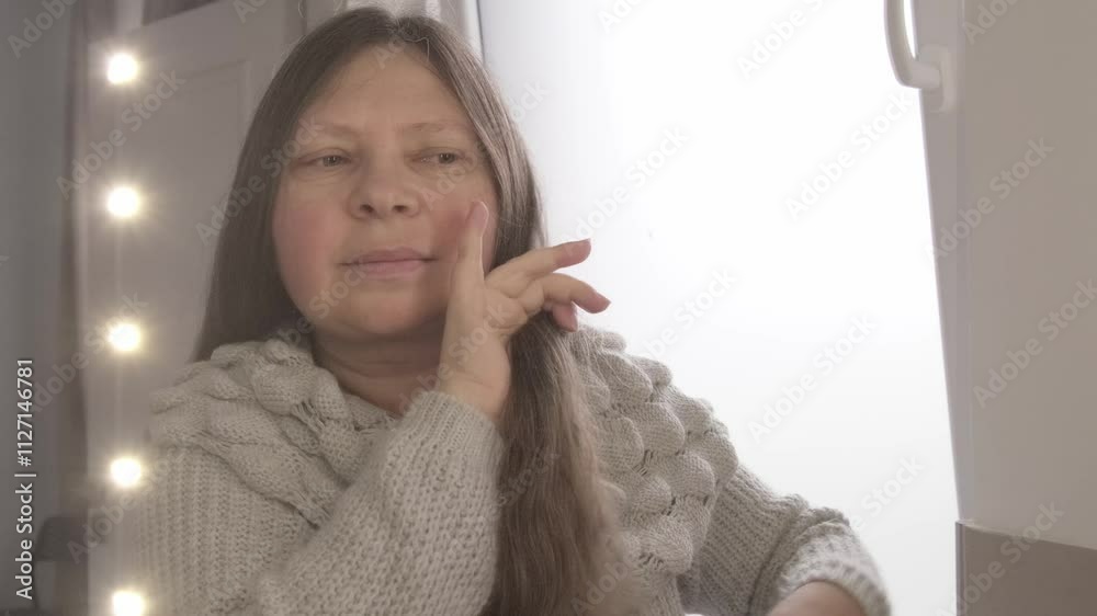 mature 55 years woman examines long hair signs aging, discovering gray ...