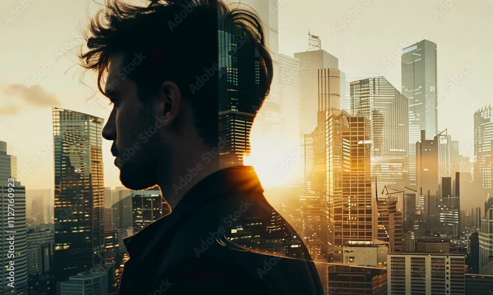 Calm handsome male person profile against sunset cityscape background ...