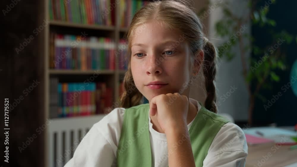 Thoughtful creative Caucasian little girl puzzled child school kid ...