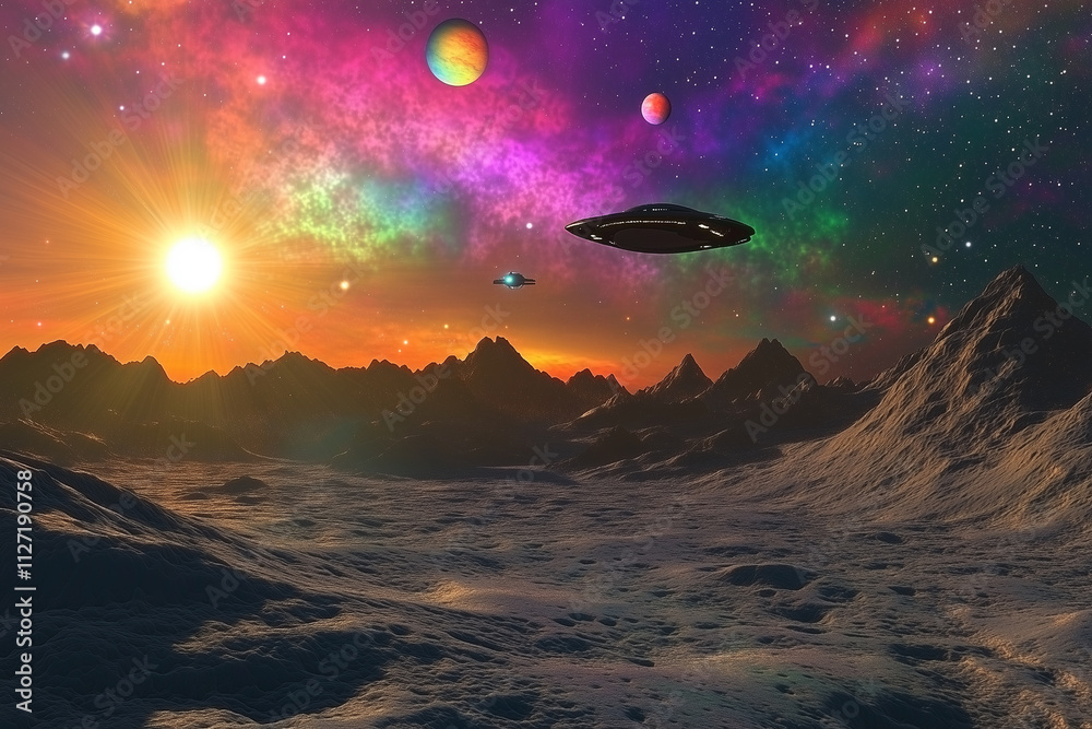 UFO alien spacecraft landing on the vibrant landscape of Mars, with red ...