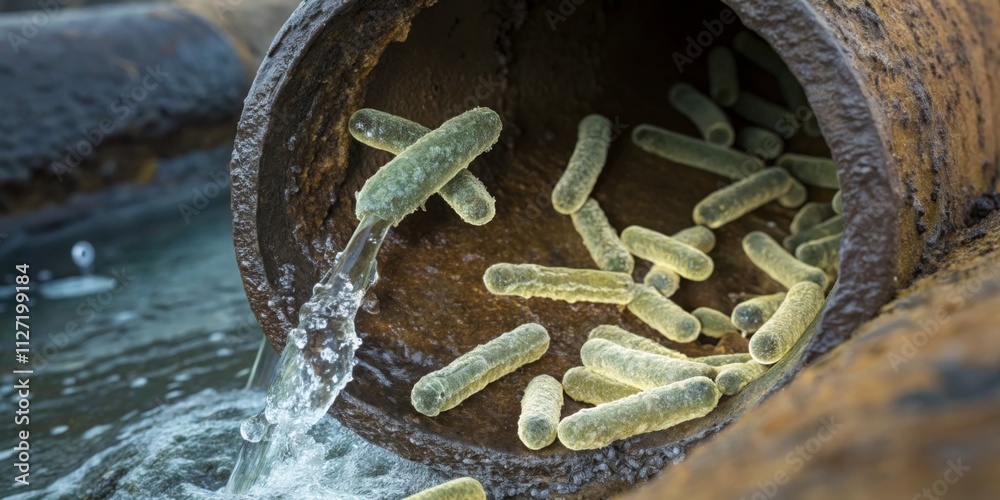Microorganisms flowing from a pipe into a body of water during ...