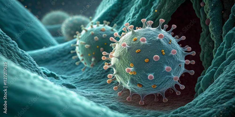 Microscopic view of viruses interacting with cellular structures in a ...