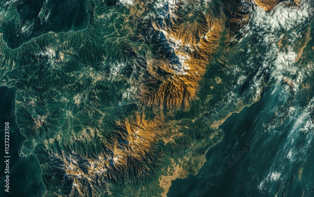 Earths surface with visible mountain ranges and lush forests under ...