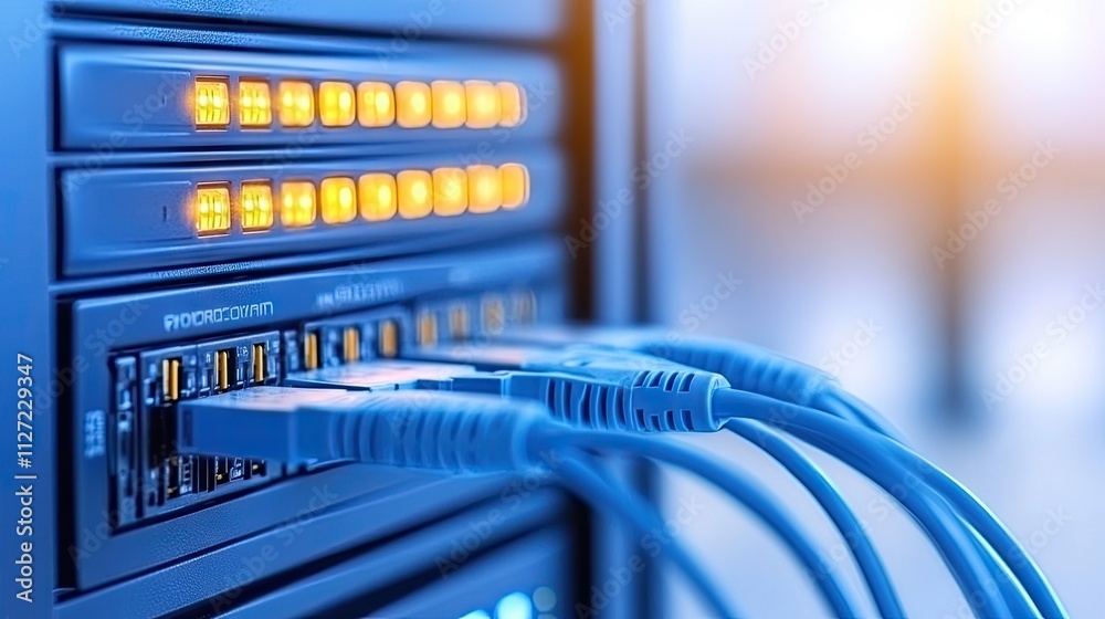 Blue and yellow network cables are securely connected to a steel switch ...