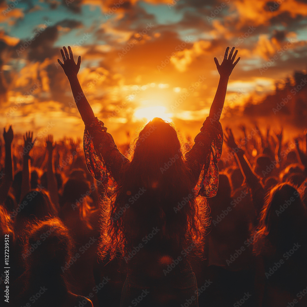 people raising their hands in praise of the lord, outside, sunset, warm ...