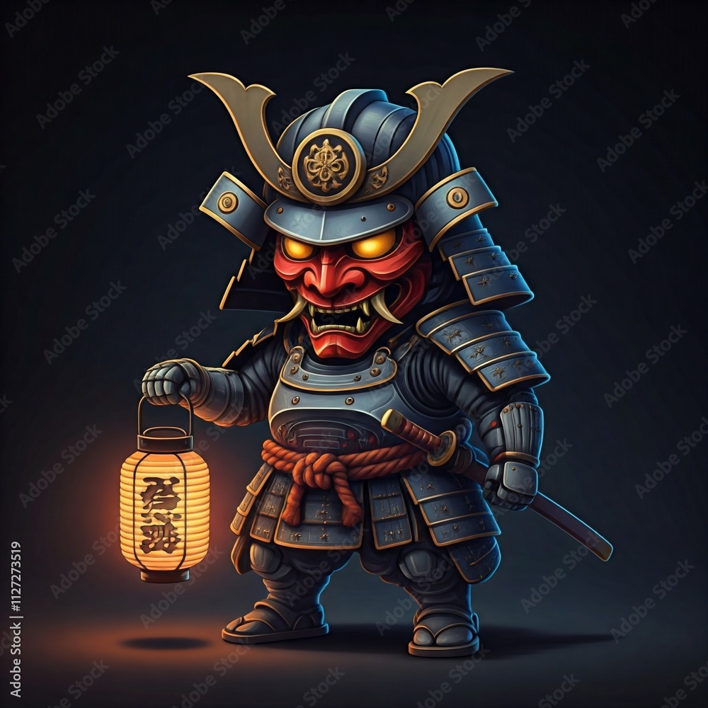 chibi samurai robot holding a lantern and wearing a striking Oni mask ...