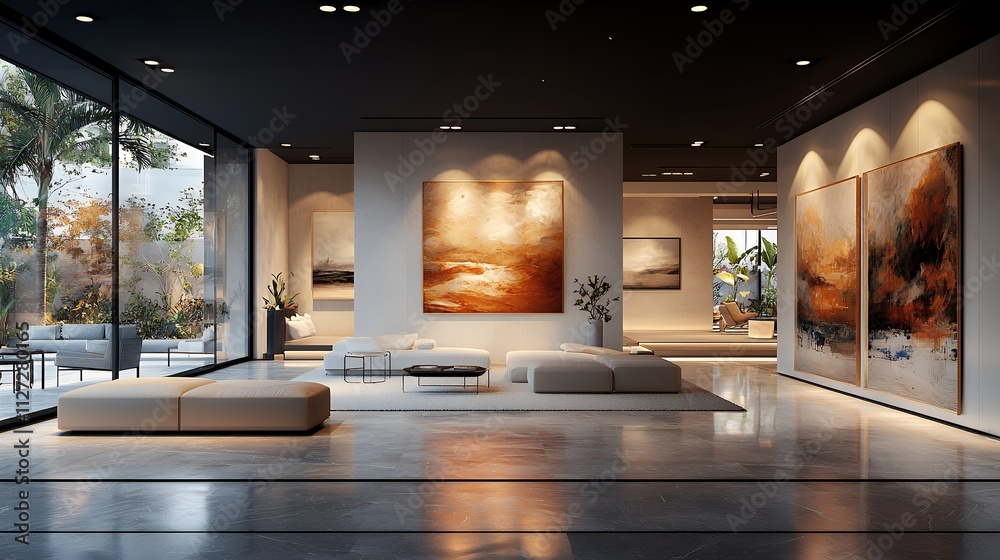 Ultra realistic art gallery space, modern design with neutral tones ...