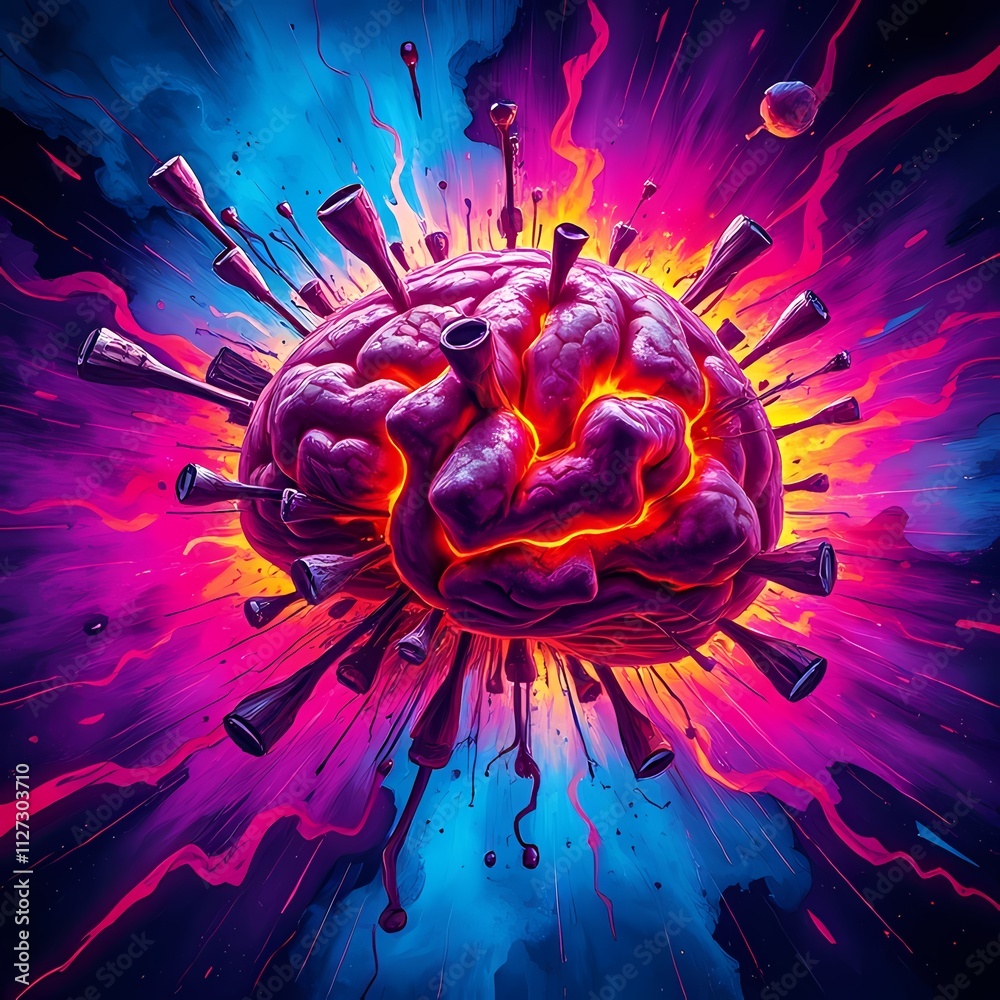 A surreal explosion of swirling, fragmented shapes in electric blue ...