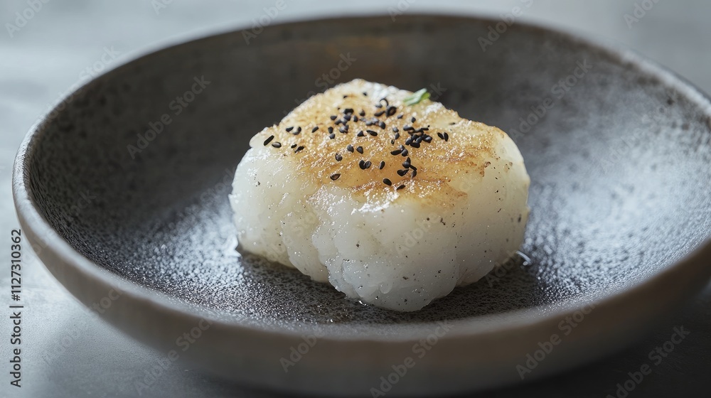 Tapioca snack plated on a grey dish featuring a simple industrial ...