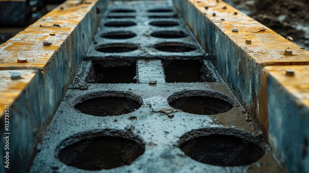 Assembling rectangular drainage pipes with holes in concrete for urban ...