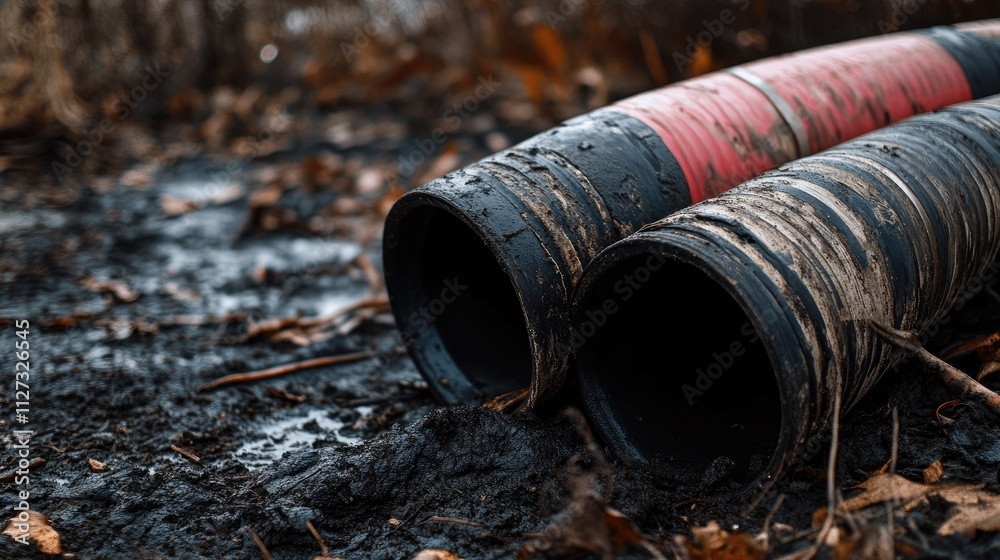 Damaged fire hose discarded in muddy ground showcasing wear and expired ...